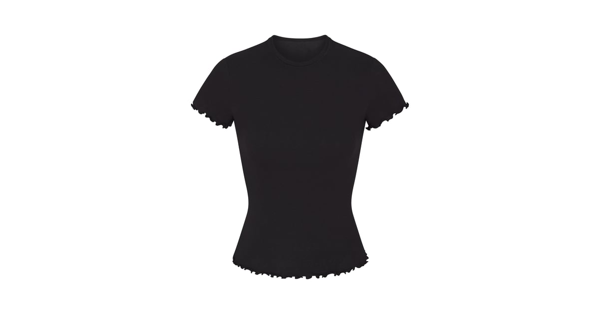 Track Logo Pointelle T Shirt W. Ruffle Edge - Onyx - L at Skims