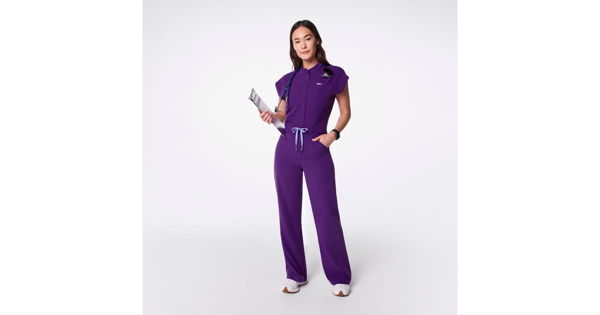 Track Figs Rafaela Cargo Wide Leg ScrubJumpsuit - Digital Grape - M